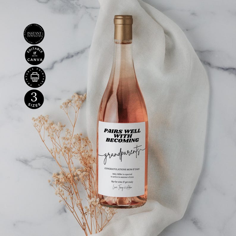 Editable Wine Champagne Bottle Label Template, Pregnancy Announcement ...