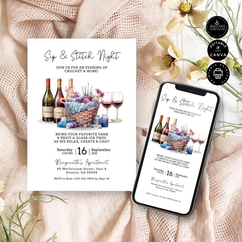 Sip and Stitch Night Party Invitation Template, Crochet, Knit Yarn ...