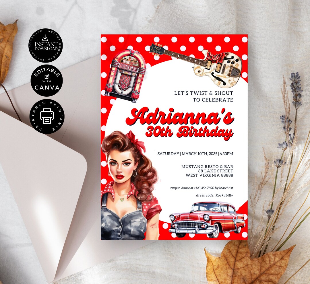 Modern Retro Rockabilly Birthday Party Invitation Template, 1950s Theme ...