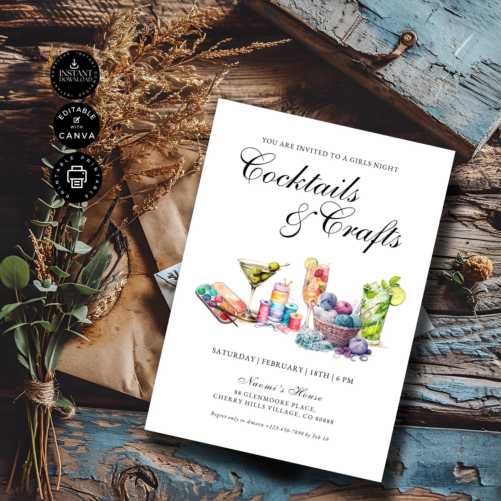 Cocktails & Crafts Party Invitation Template, Gathering Party, Girls ...