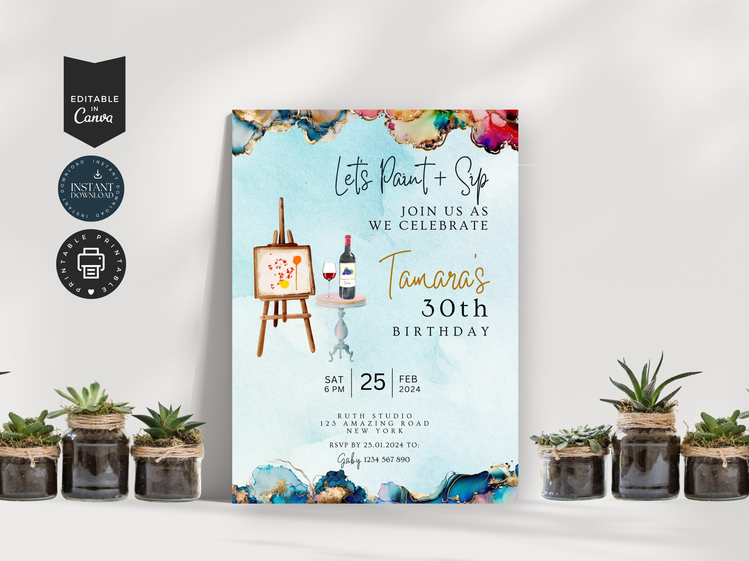 Paint N' Sip 30th Birthday Party Invitation Customizable Template, Instant Digital Download ...