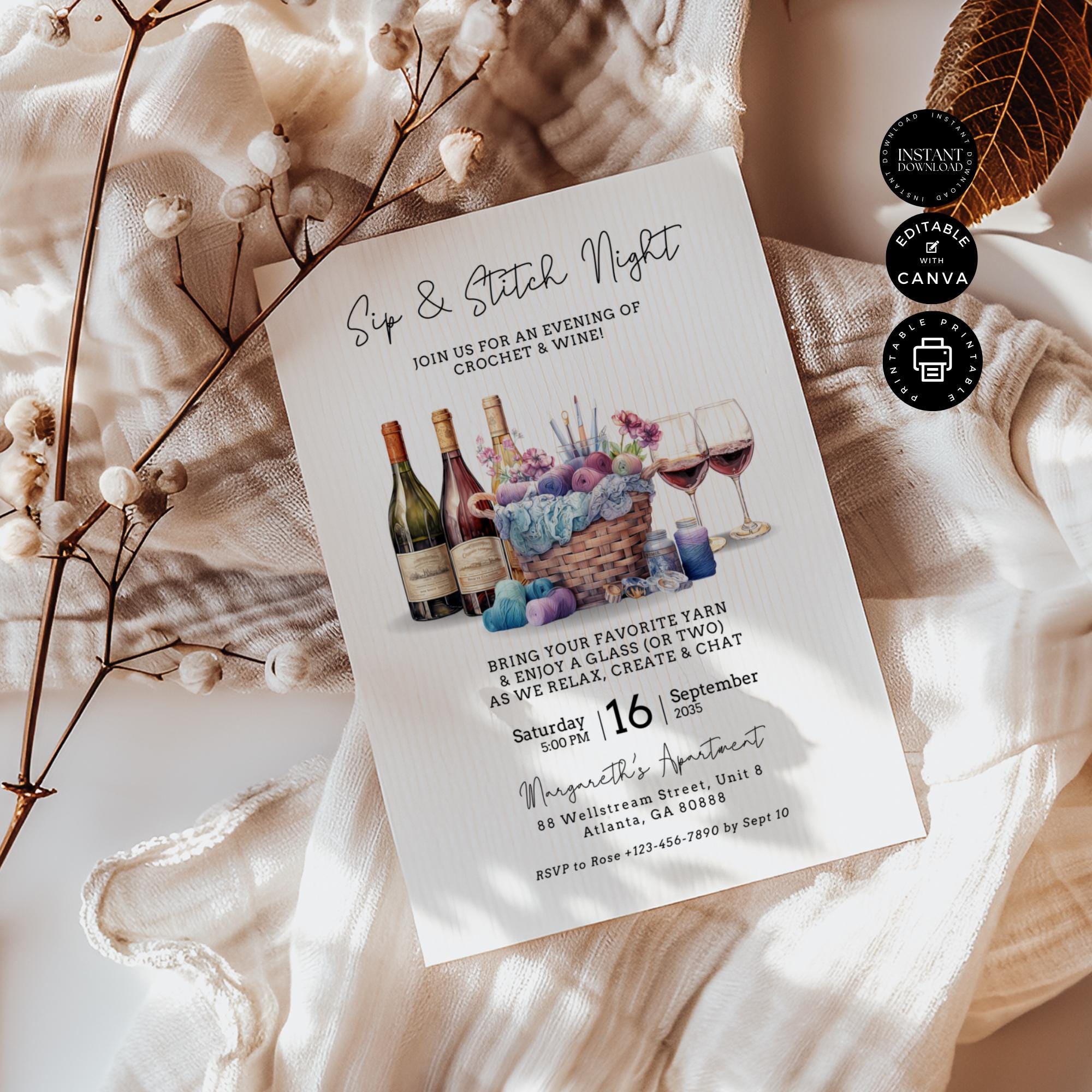 Sip and Stitch Night Party Invitation Template, Crochet, Knit, Yarn ...