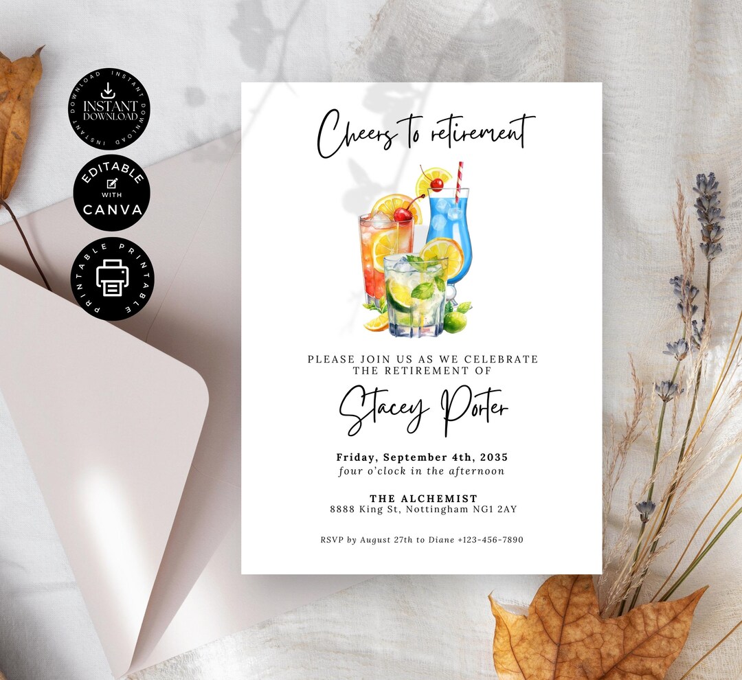 Cocktail Retirement Party Invitation Template, Cheers to Retirement ...
