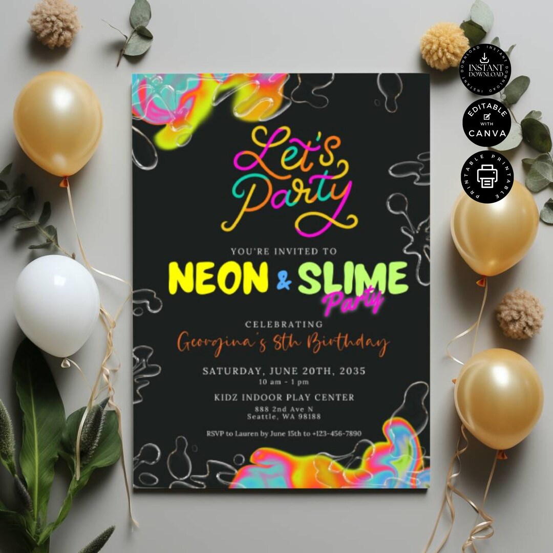 Neon & Slime Theme Birthday Party Invitation Card Template, Girl B'day ...