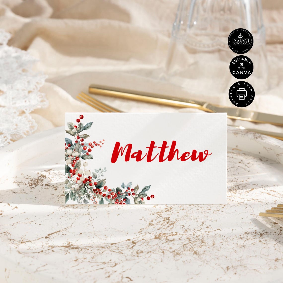 Editable Christmas Dinner Place Card Template, Holiday Brunch Party ...