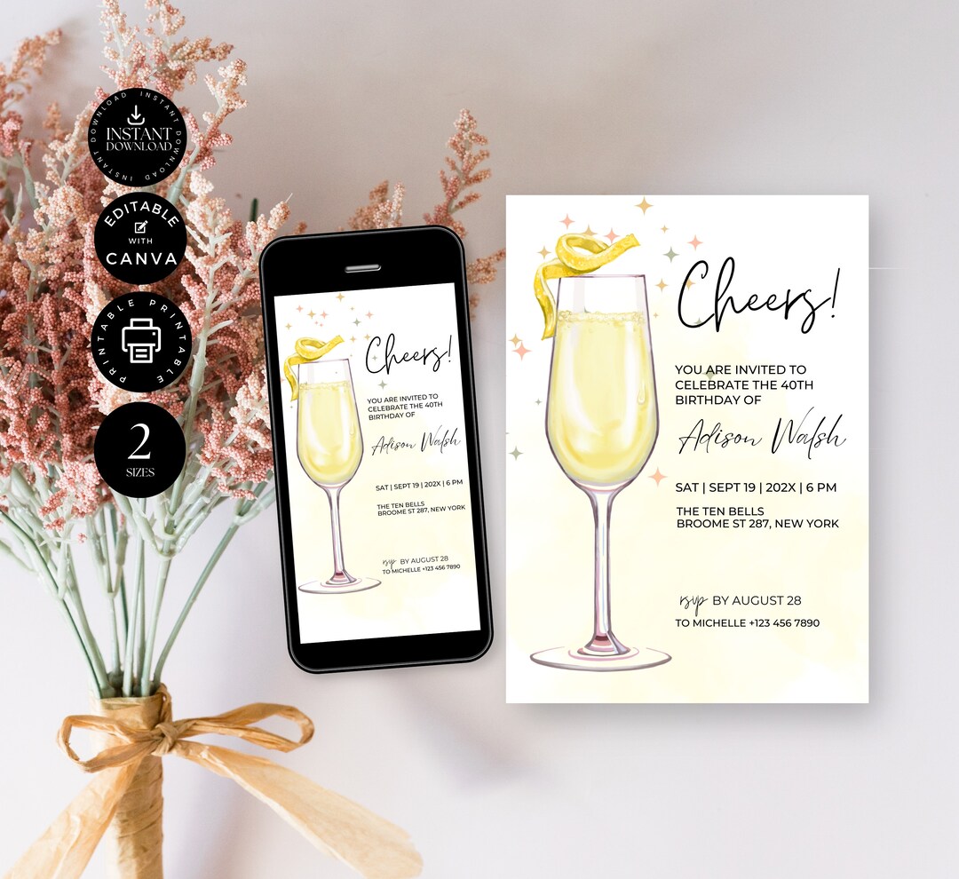 Modern Editable Cocktail Birthday Party Invitation, 40th Adult ...