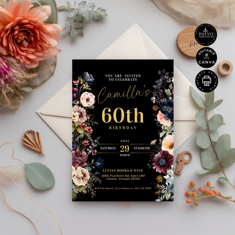 Moody Floral Birthday Invitation, 60th Invite, Cocktail Dinner Party ...
