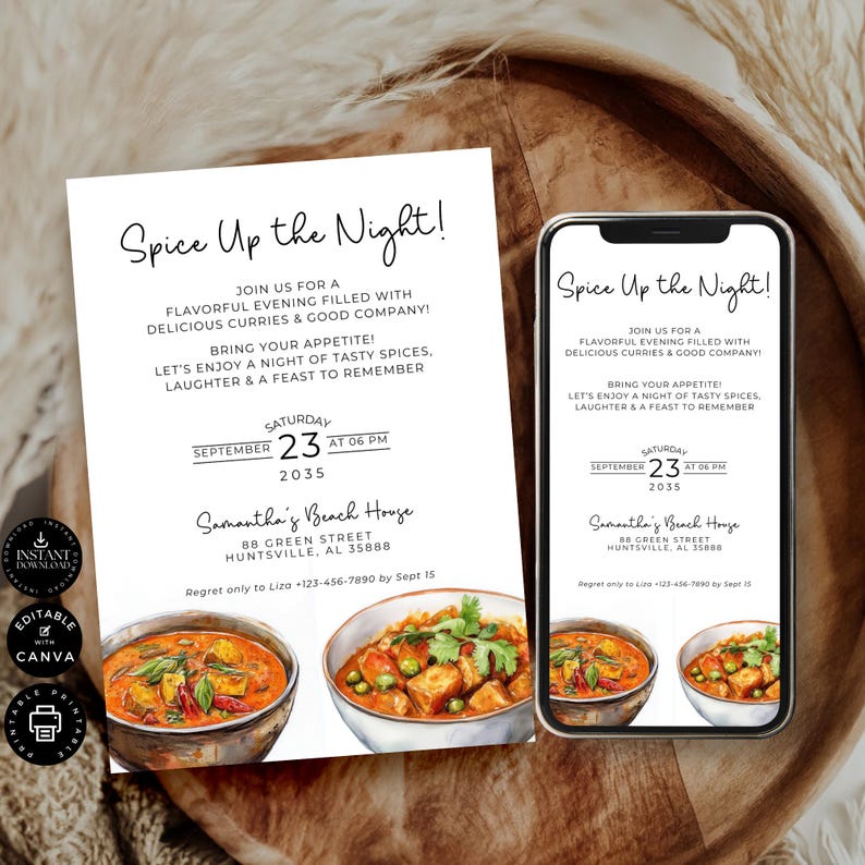 Curry Night Dinner Party Invitation Template, Spice up the Night ...