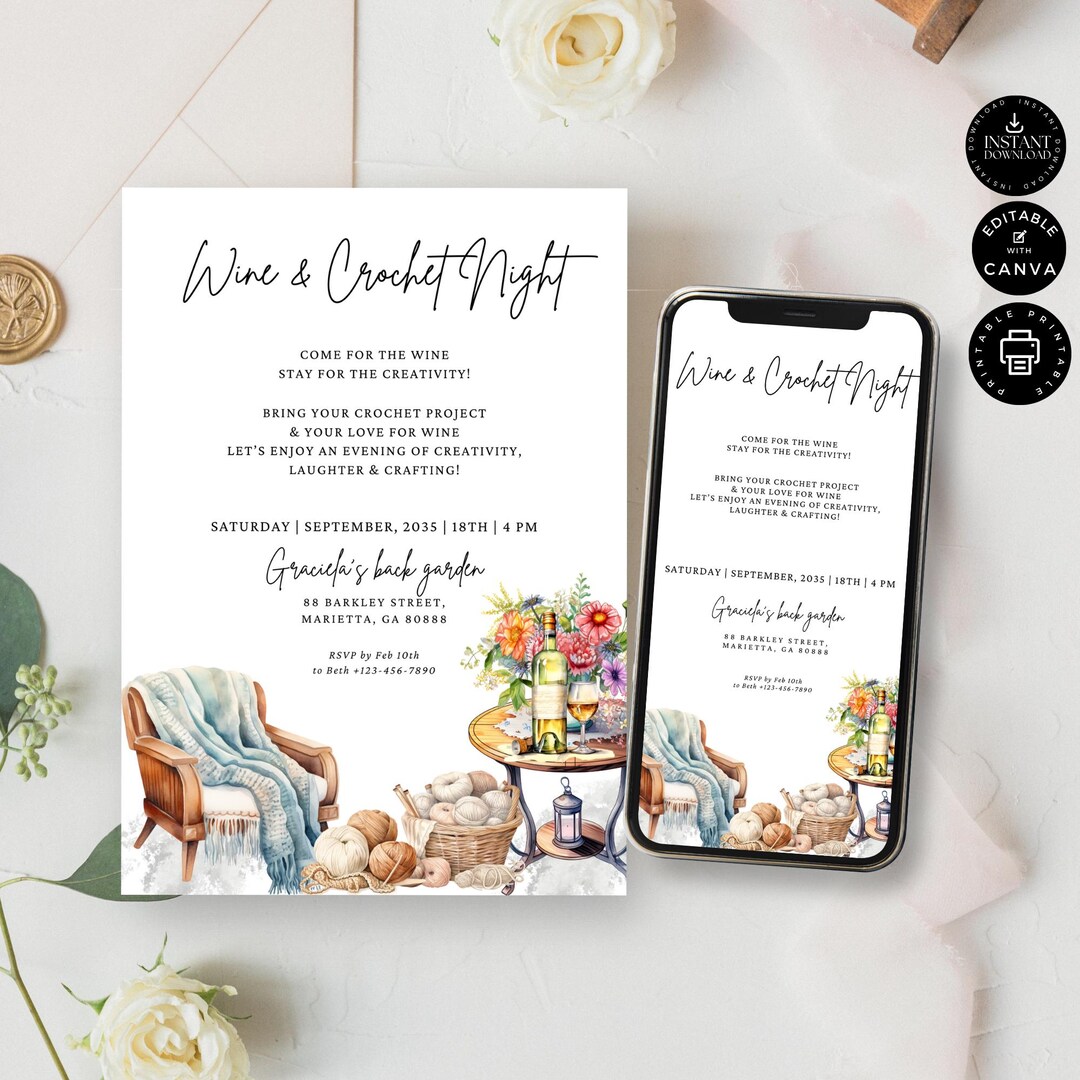 Wine and Crochet Party Invitation Template, Knitting, Yarn, Craft ...