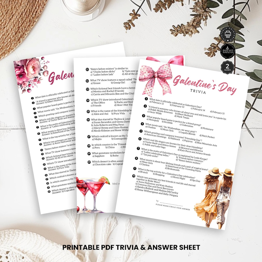 Galentine's Day Trivia Quiz & Answer, Girls Night Out, Bows Cocktails ...