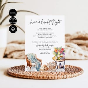 Wine and Crochet Night Party Invitation Template, Knit, Yarn, Red Wine ...