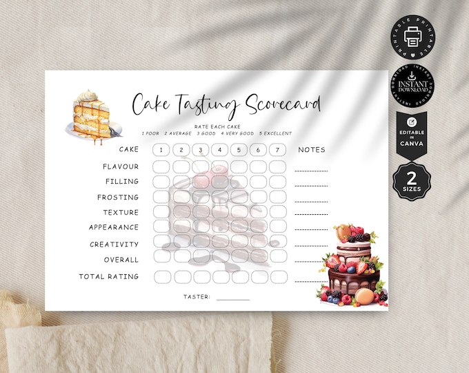 Cake Tasting Card, Wedding Cake Consultation Card, Printable PDF ...