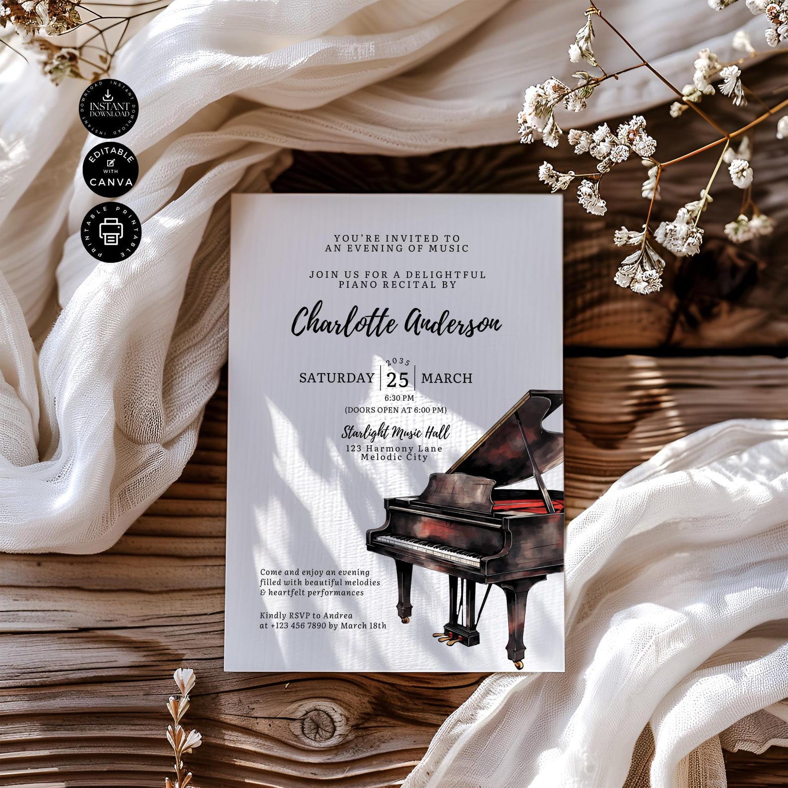 Elegant Piano Recital Invitation Template, Printable Musical Event ...