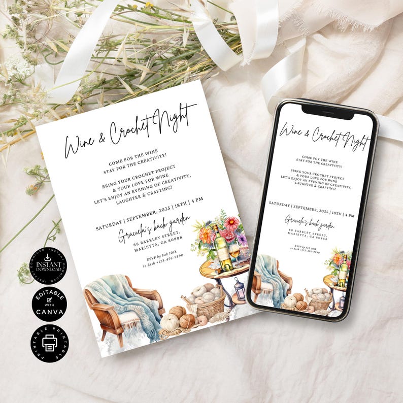 Wine and Crochet Party Invitation Template, Knitting, Yarn, Craft ...
