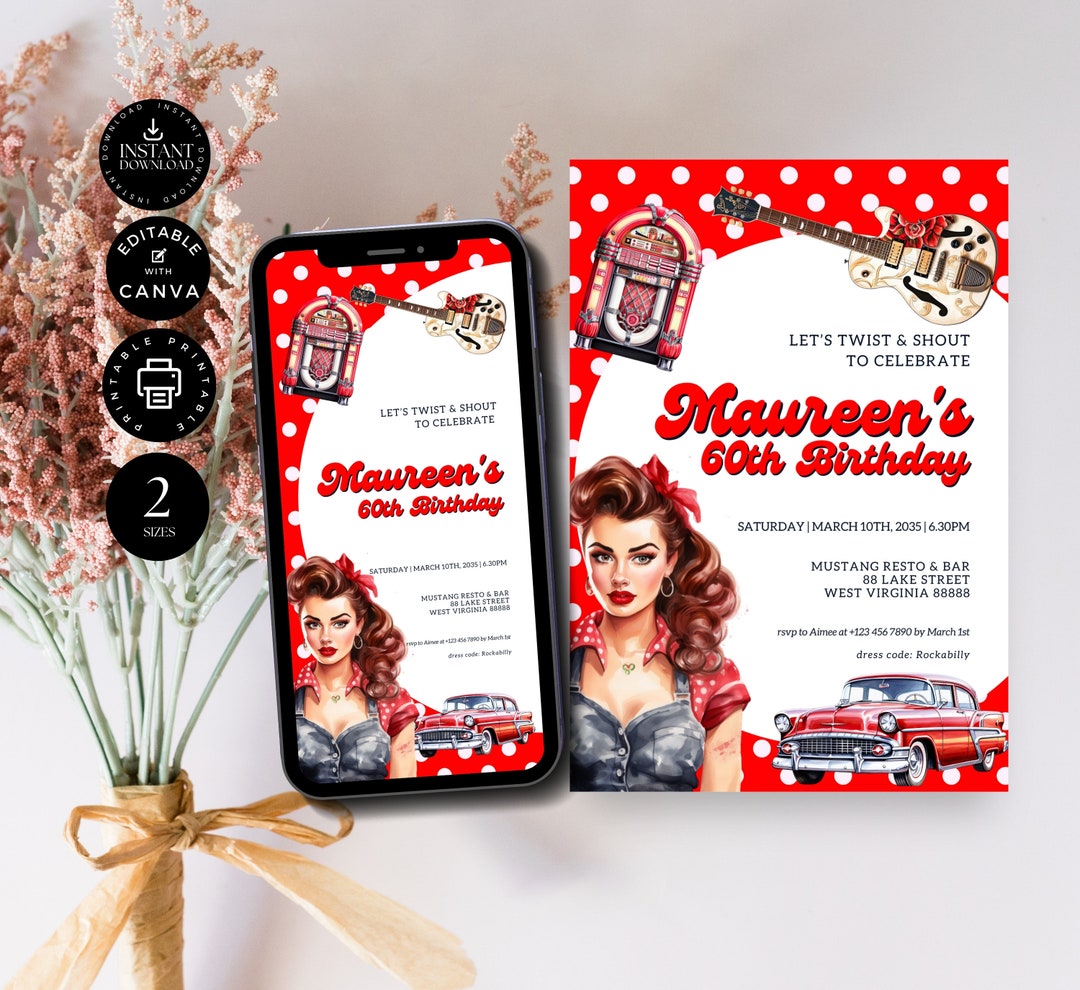 Modern Retro Rockabilly Birthday Party Invitation Template, 1950s Theme ...