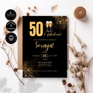 Modern Editable Champagne 50th Birthday Party Invitation, Cocktail ...