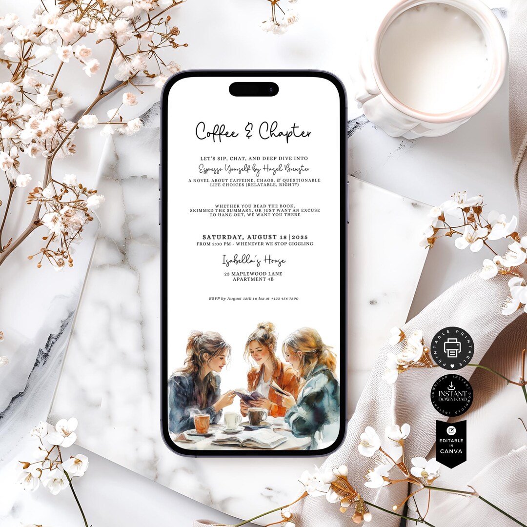Book Club Meeting Phone Invite Template, Coffee Catch Up, Bookclub ...