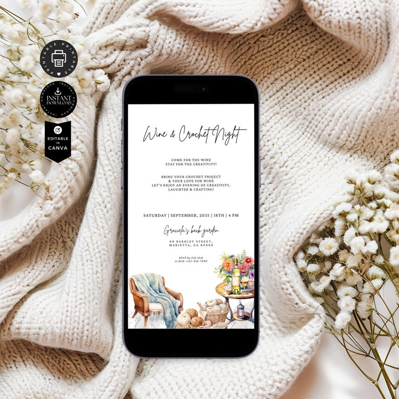 Wine and Crochet Party Invitation Template, Knitting, Yarn, Craft ...