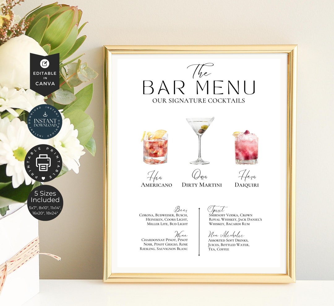Signature Cocktail Modern Wedding Drinks | Dirty Martini | Bar Menu ...