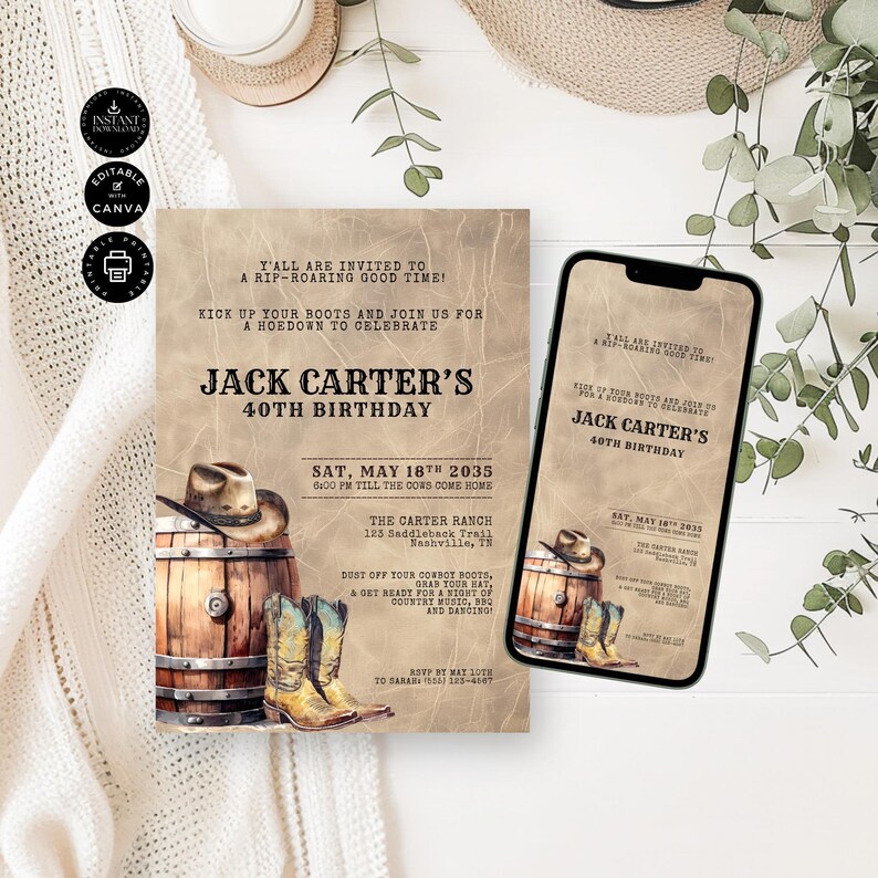 Classic Hoedown Birthday Party Invitation for Men Template, 40th Adult ...