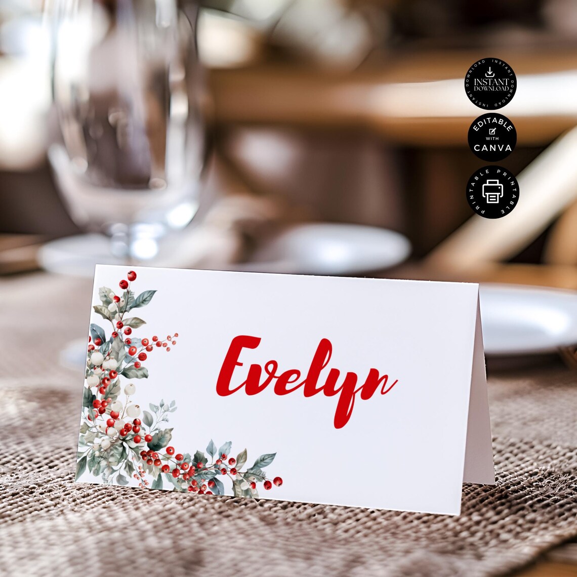 Editable Christmas Dinner Place Card Template, Holiday Brunch Party ...