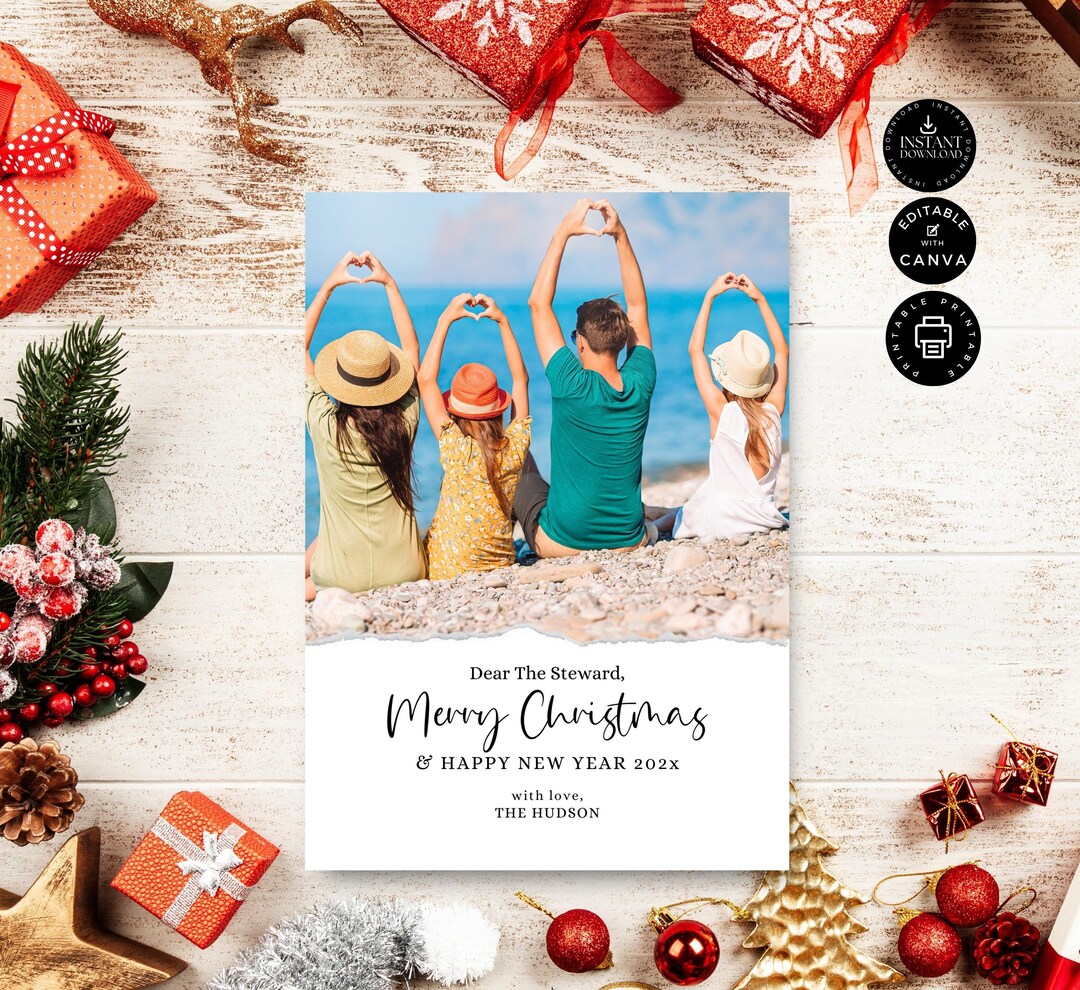Christmas Card With Photo Template, Printable Xmas Card Photo Holiday ...