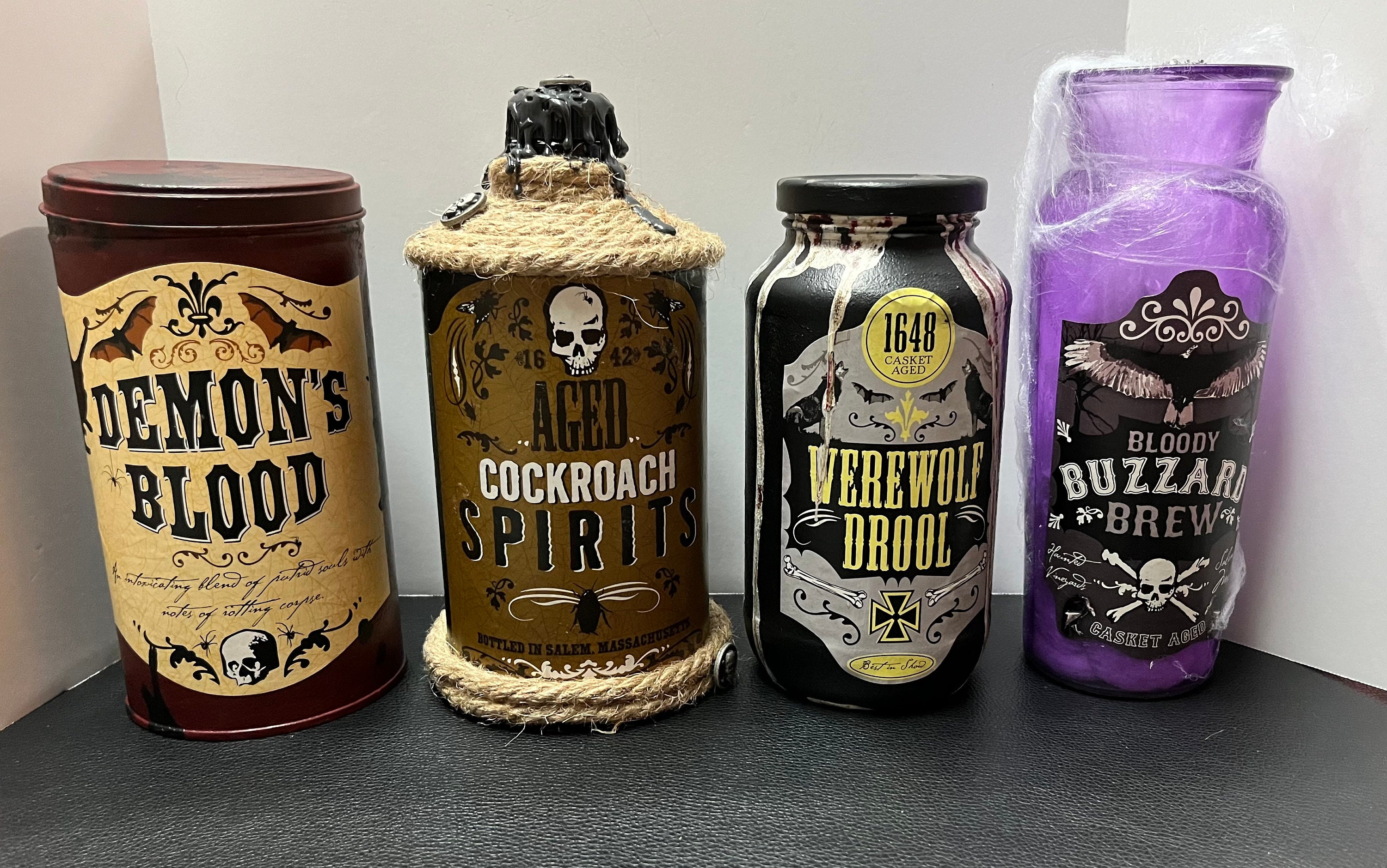 Four Pieces Halloween Decor, Upcycled Jars/containers, Demons Blood ...