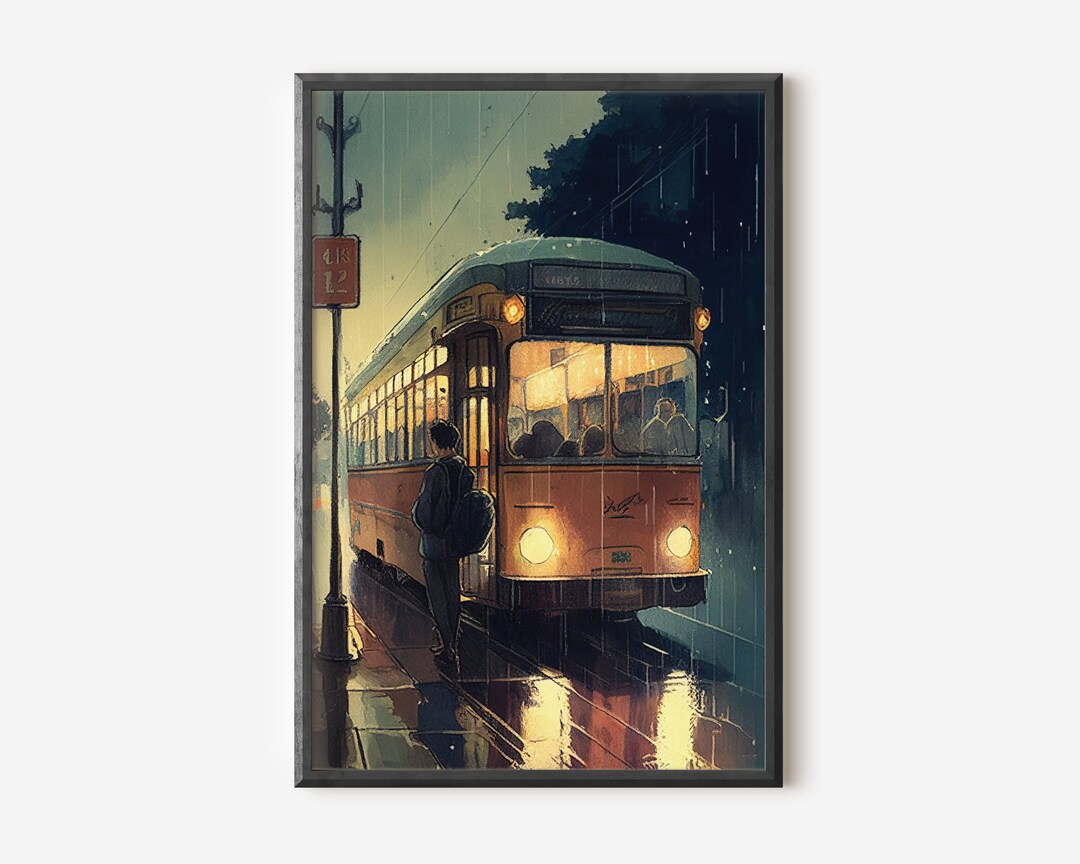 Japanese Bus Stop Art: Watercolor Print of Rainy Night - Digital ...