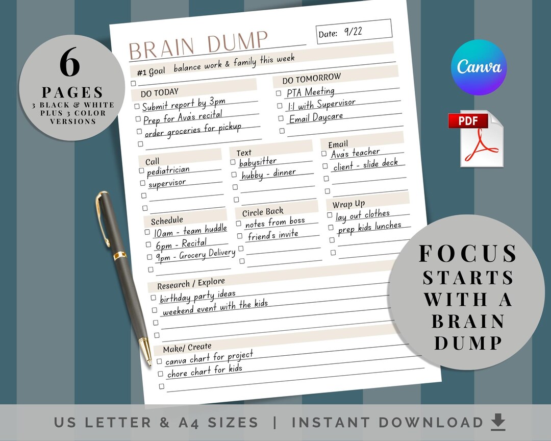 Brain Dump Template Mental Clarity to Do List Productivity Tracker ...