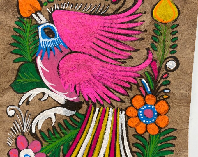Mexican Folk Art Amate Bark Painting Pink Orange Bird Flowers Original ...