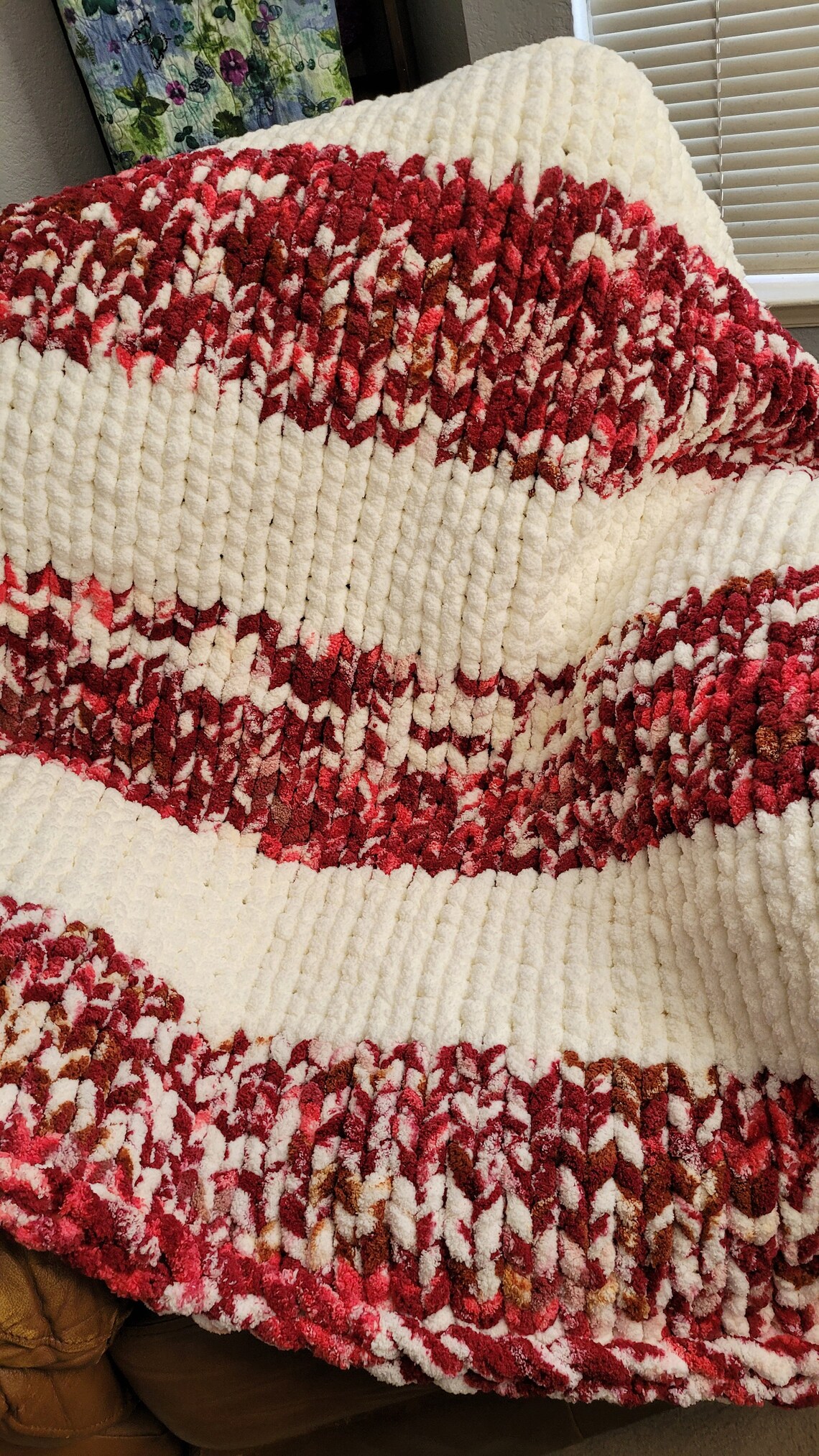 Chunky Hand Knit Blanket/burgundy/cream - Etsy