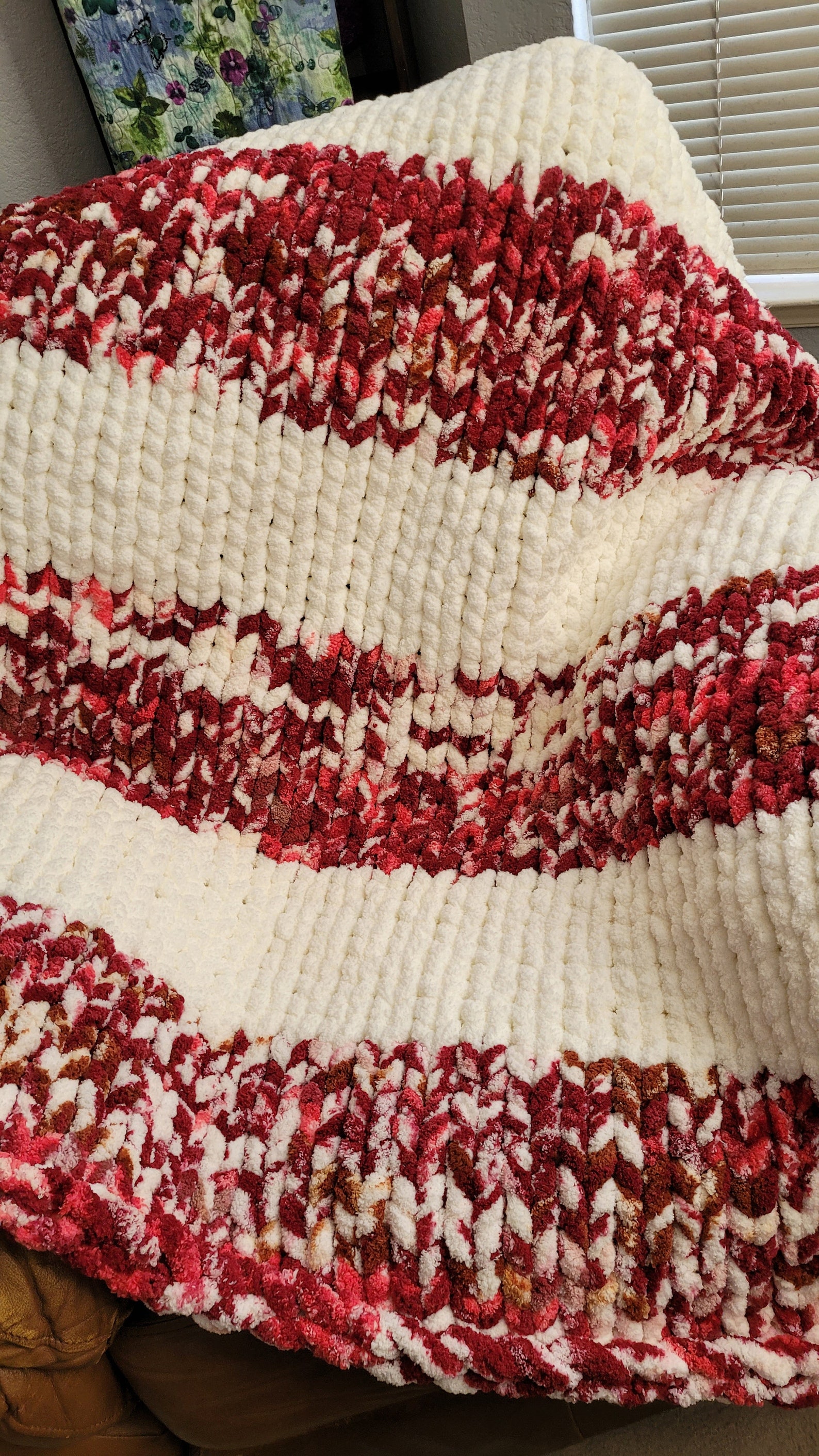 Chunky Hand Knit Blanket/burgundy/cream - Etsy