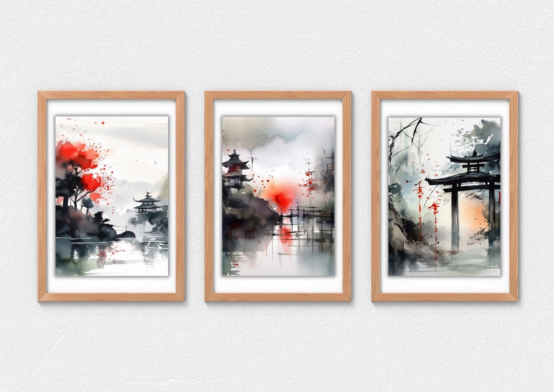 Watercoloring Art Japan Temples Print, Vintage Gallery Wall, Summer ...