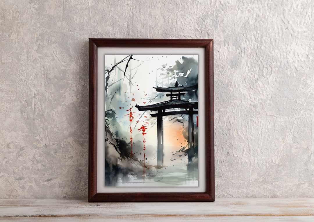 Watercoloring Art Japan Temples Print, Vintage Gallery Wall, Summer ...