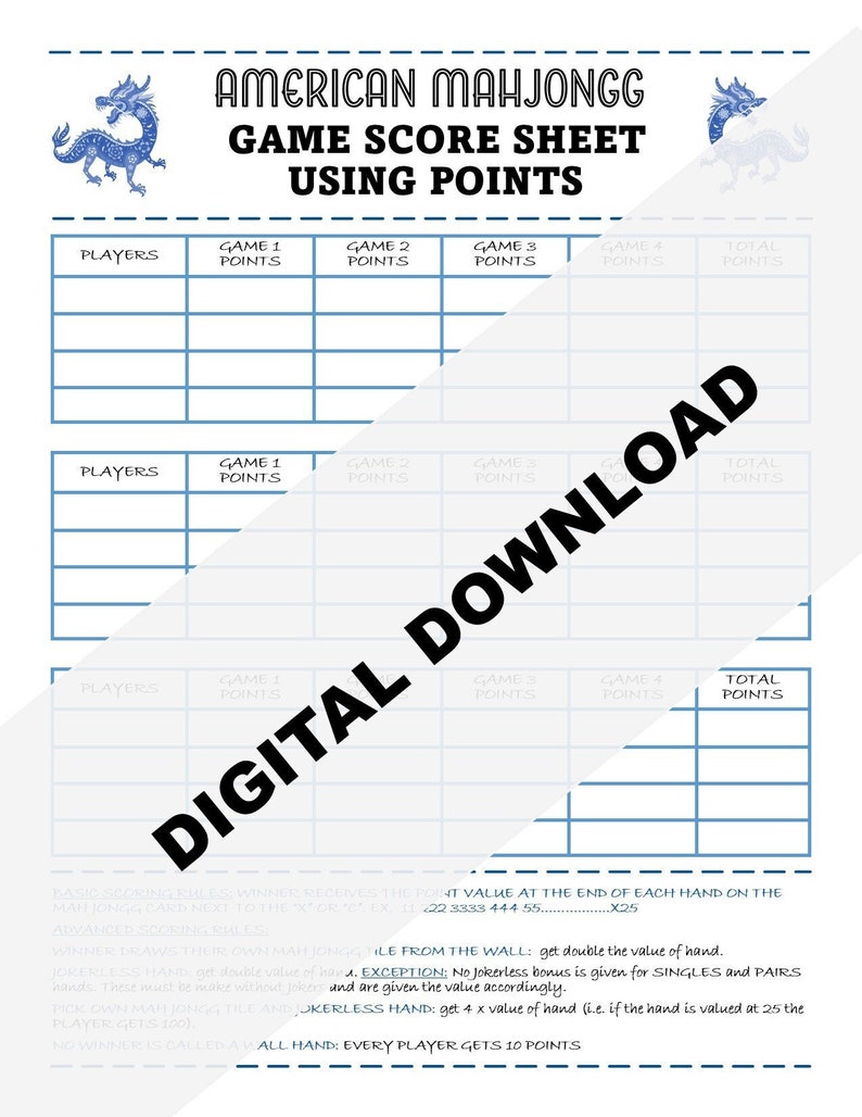 AMERICAN MAH JONGG Score Sheet With Points and Instructions - Etsy