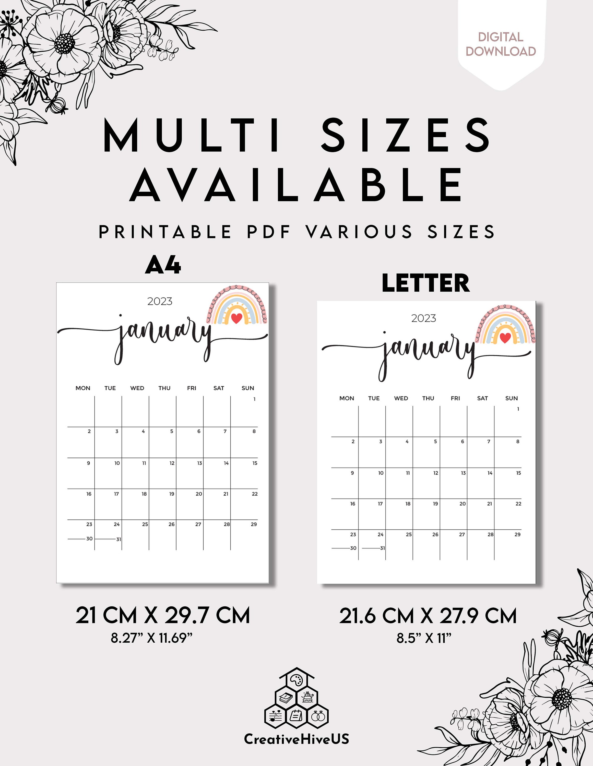 Rainbow 2023 2024 Calendar Bundle Printable Editable Portrait Monthly ...