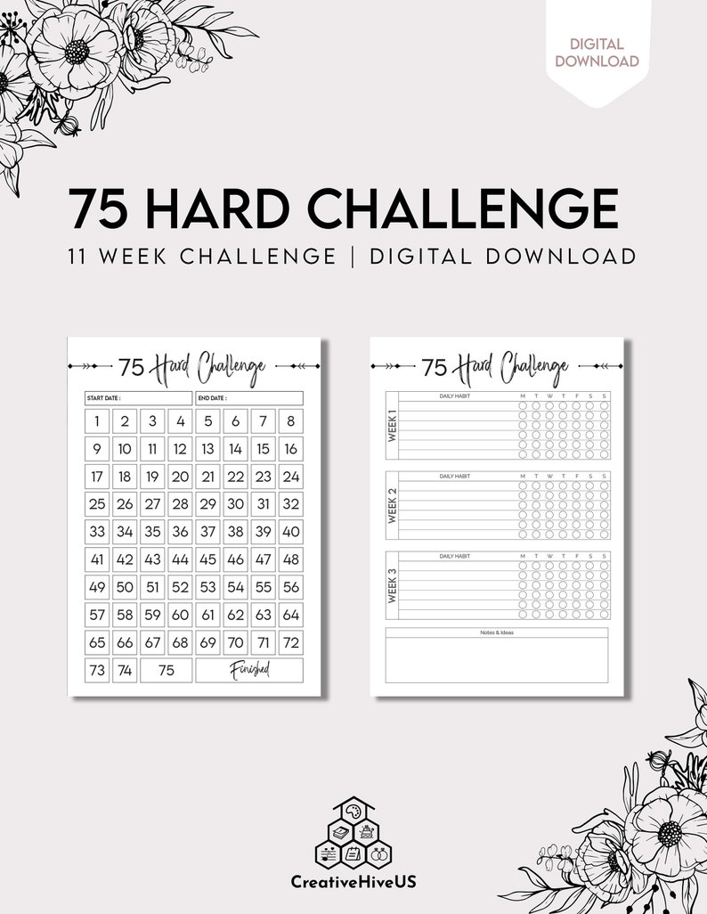 BLANK 75 Hard Challenge Tracker Black 75 Soft Challenge 75 Day - Etsy