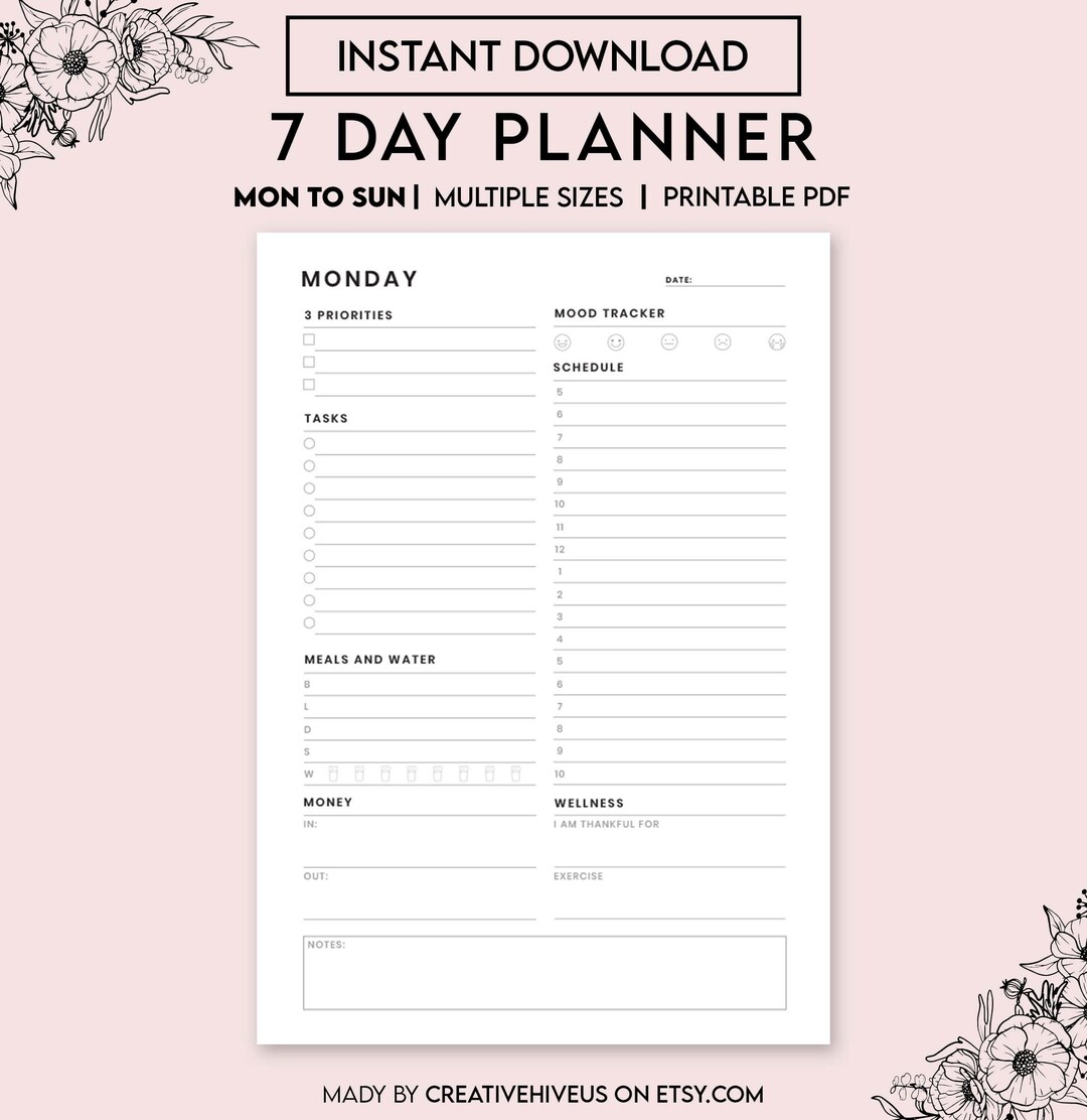 7 Day Planner Printable Daily Planner Weekly Planner Daily to - Etsy