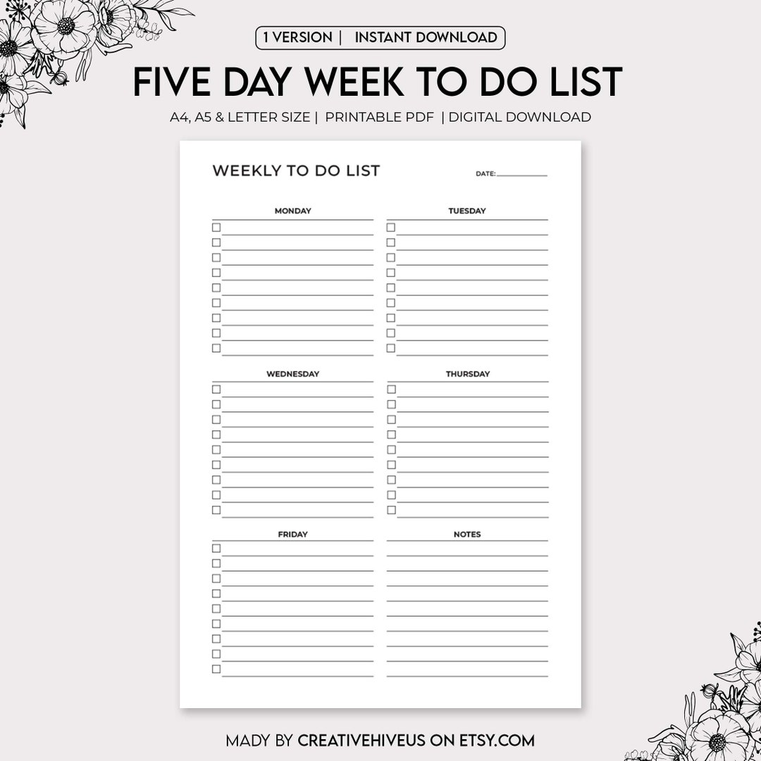 Five Day Week to Do List Printable Minimal Weekly Planner Template ...