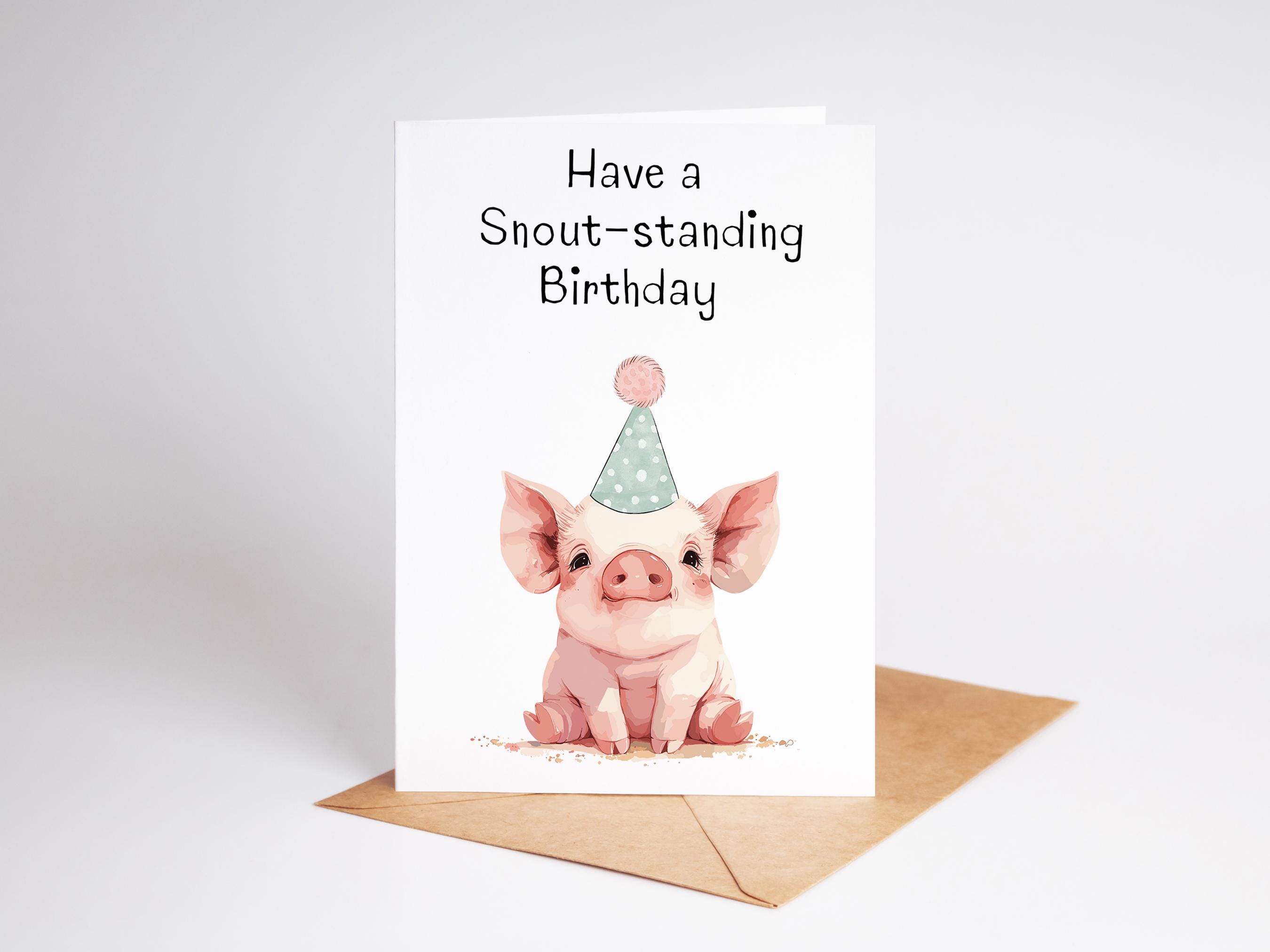 Cute Piglett Happy Birthday Card Funny Snout-standing Birthday Card Pig ...