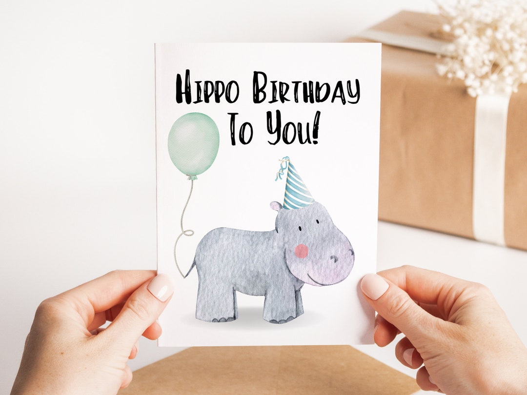 Birthday Hippo With Balloon Card - Colourful Hippo Birthday Card - Cute ...
