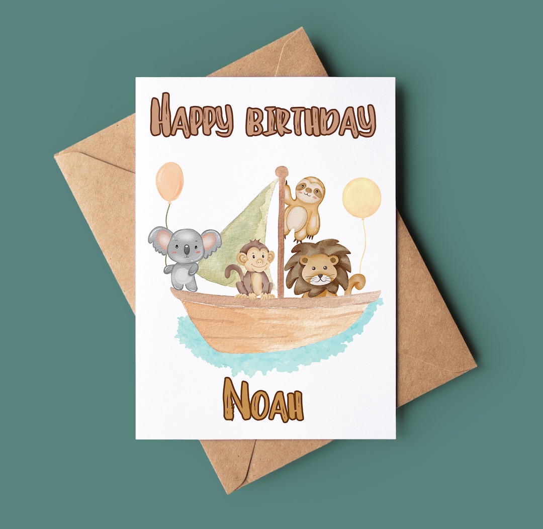 Kids Jungle Animal Happy Birthday Card - Animals on Boat Birthday Card ...