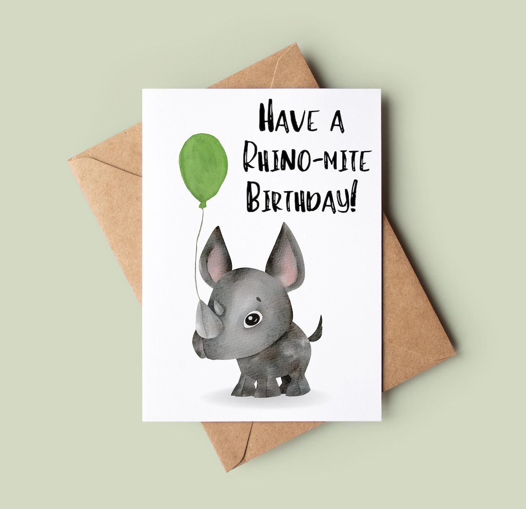 Birthday Rhino With Balloon Card - Colourful Rhino Birthday Card - Cute ...