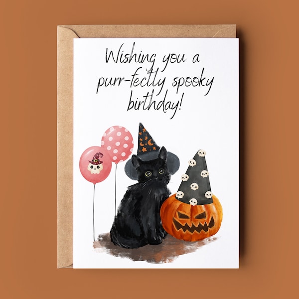 Cat Halloween Birthday Card - Etsy