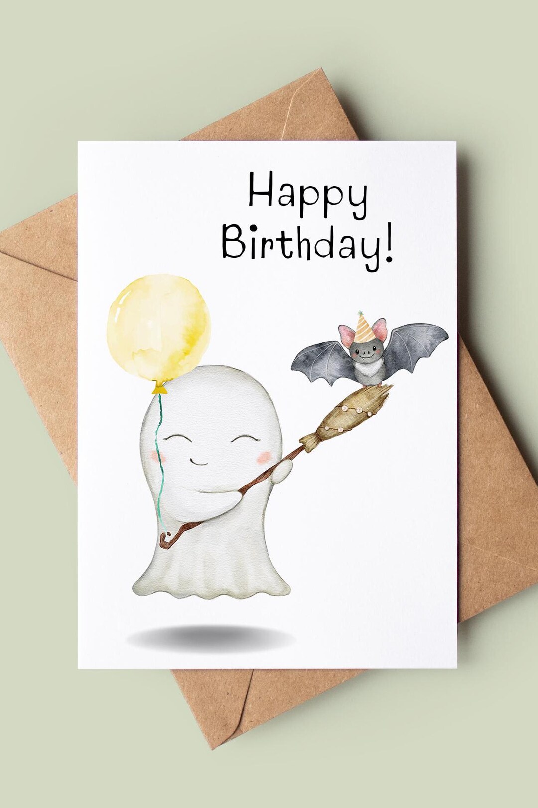 Cute Ghost Happy Birthday Card - Bat Halloween Card - Watercolour Card ...