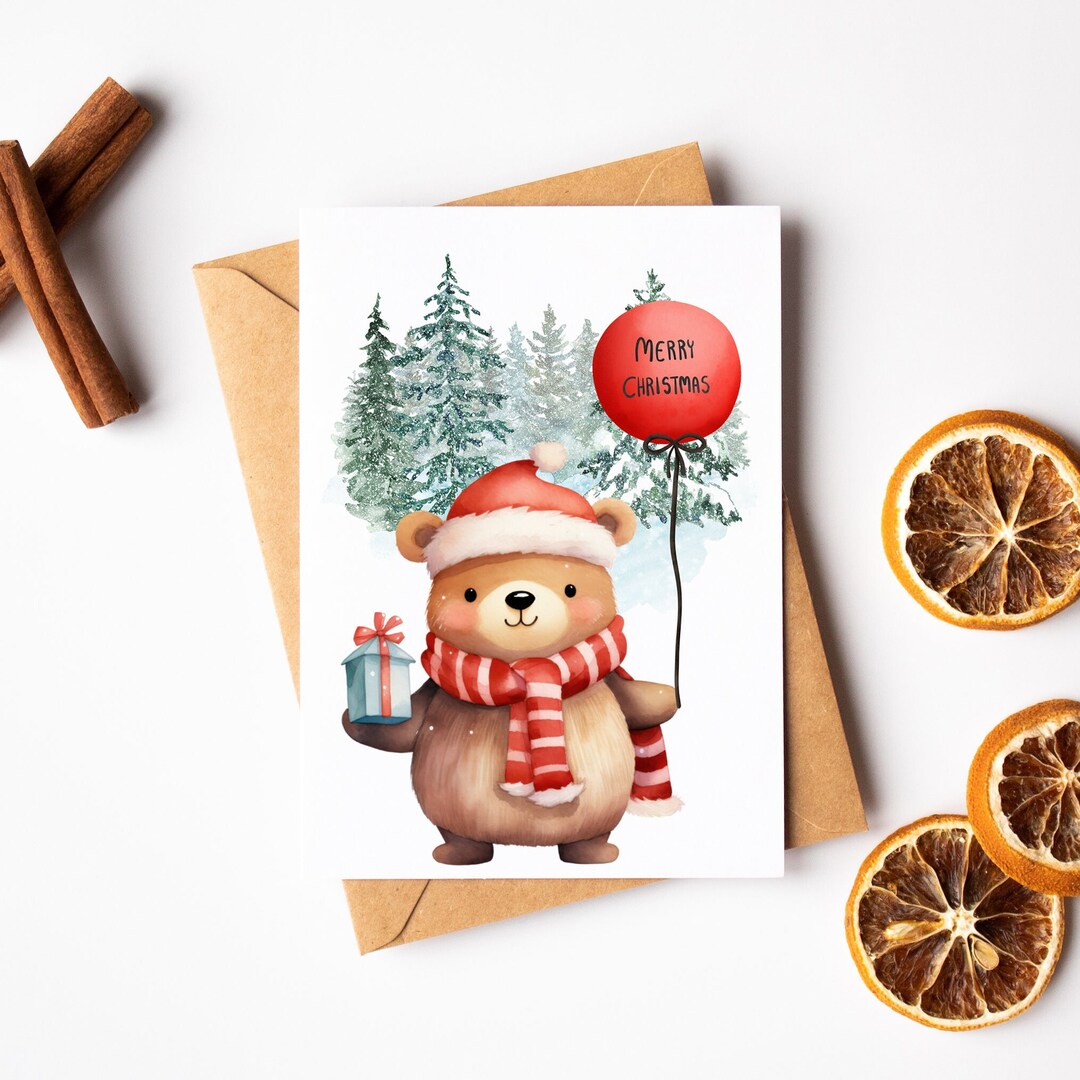 Merry Christmas Bear Card - Cute Bear Christmas Card - Watercolour ...