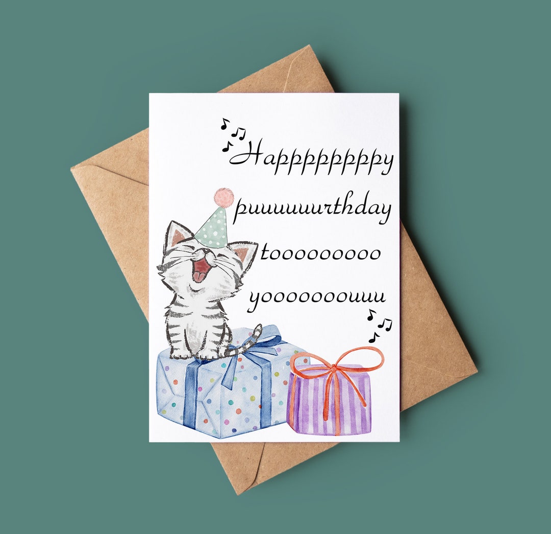 Cute Cat Happy Birthday Card Funny Happy Puurthday Pun Card Cat Pun ...