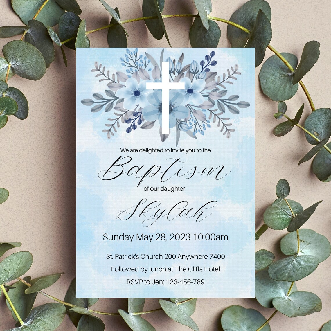 Blue Beautiful Simple Baptism Invitation Watercolor Blue Flowers Baby ...