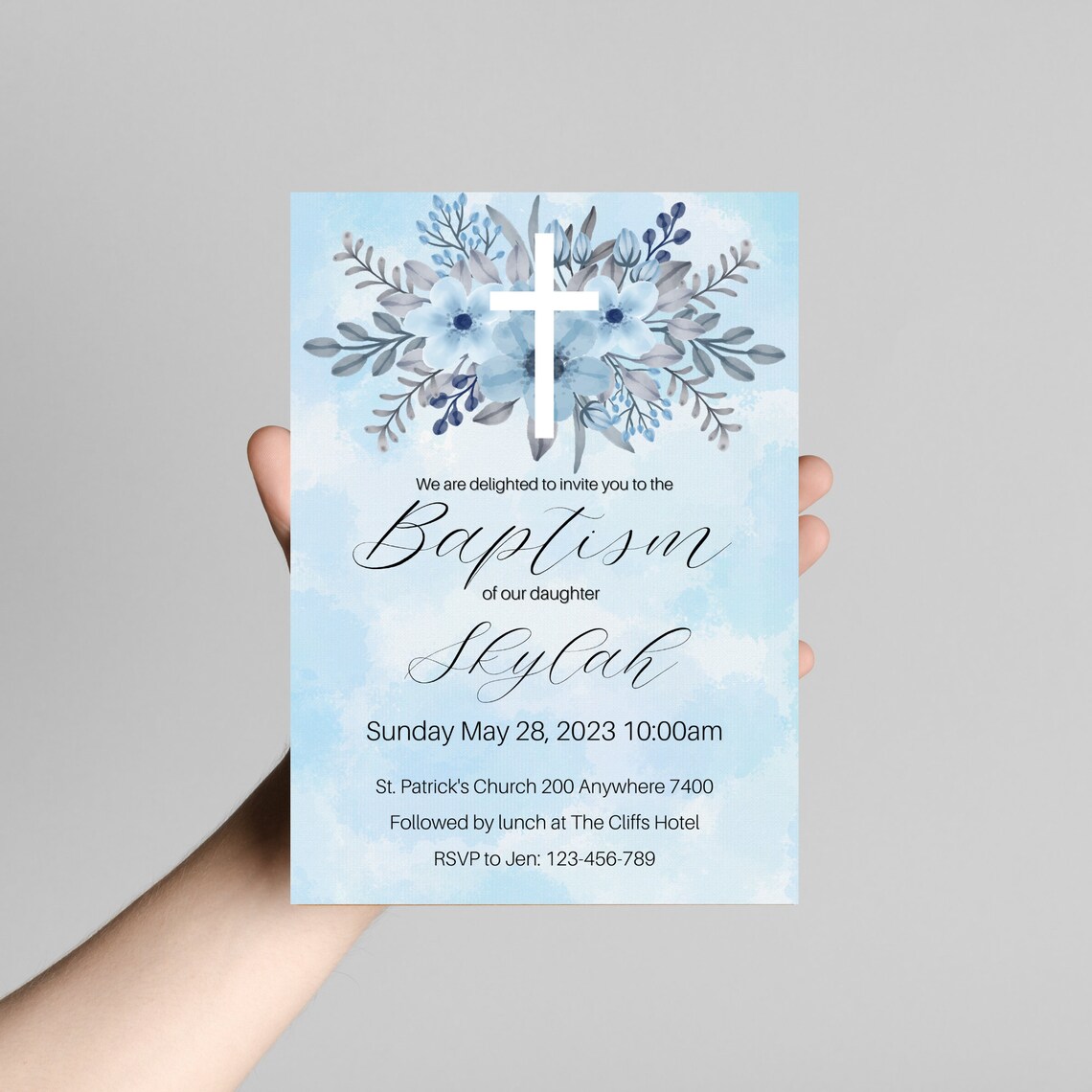 Blue Beautiful Simple Baptism Invitation Watercolor Blue Flowers Baby ...