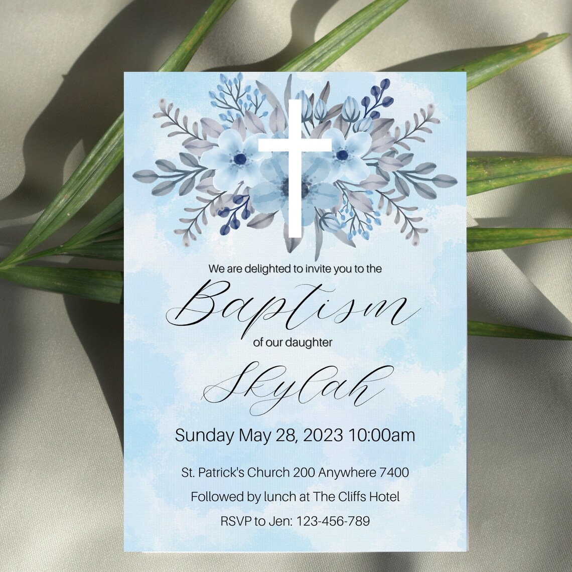 Blue Beautiful Simple Baptism Invitation Watercolor Blue Flowers Baby ...